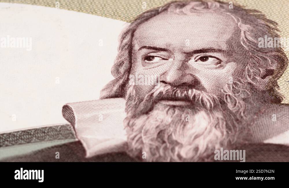 Galileo Galilei portrait on Italy 2000 lira note tracking. Low angle ...