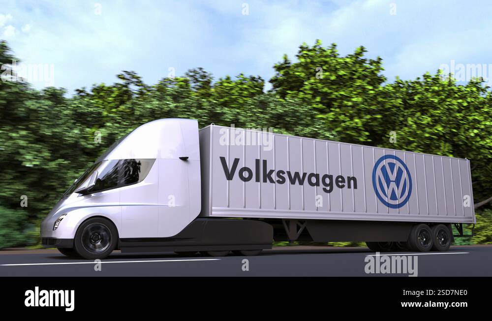 Electric semi-trailer truck with VOLKSWAGEN logo on the side. Editorial ...