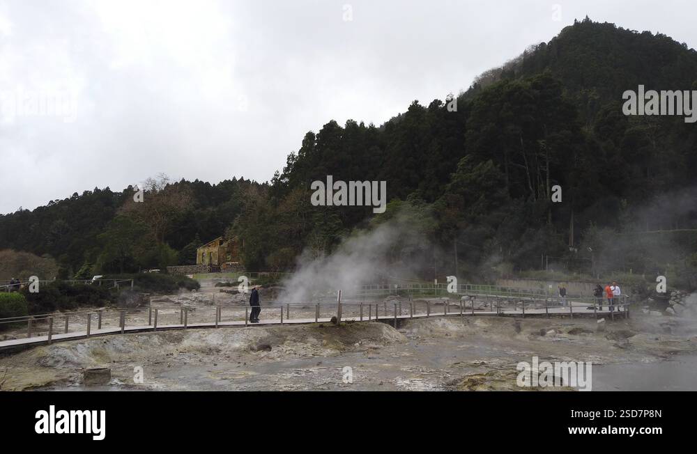 Boiling water and hot steam venting from Caldeiras in Furnas, Sao ...