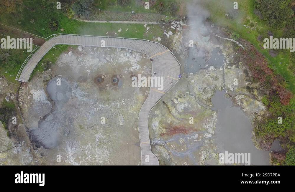 Drone aerial view of hot water springs at Caldeiras fumaroles in Furnas ...