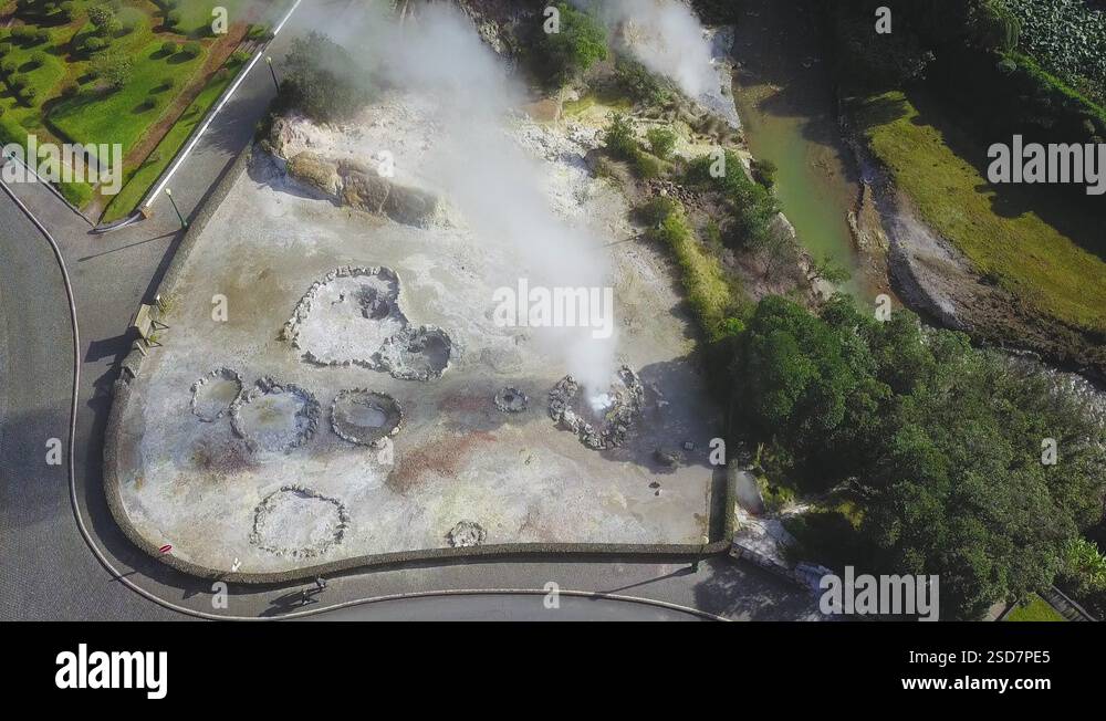 Drone aerial view of hot water springs in Furnas, Sao Miguel island ...