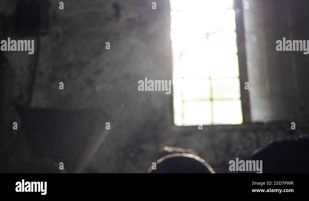 Beautiful bright dust in the factory against the window. The light rays ...