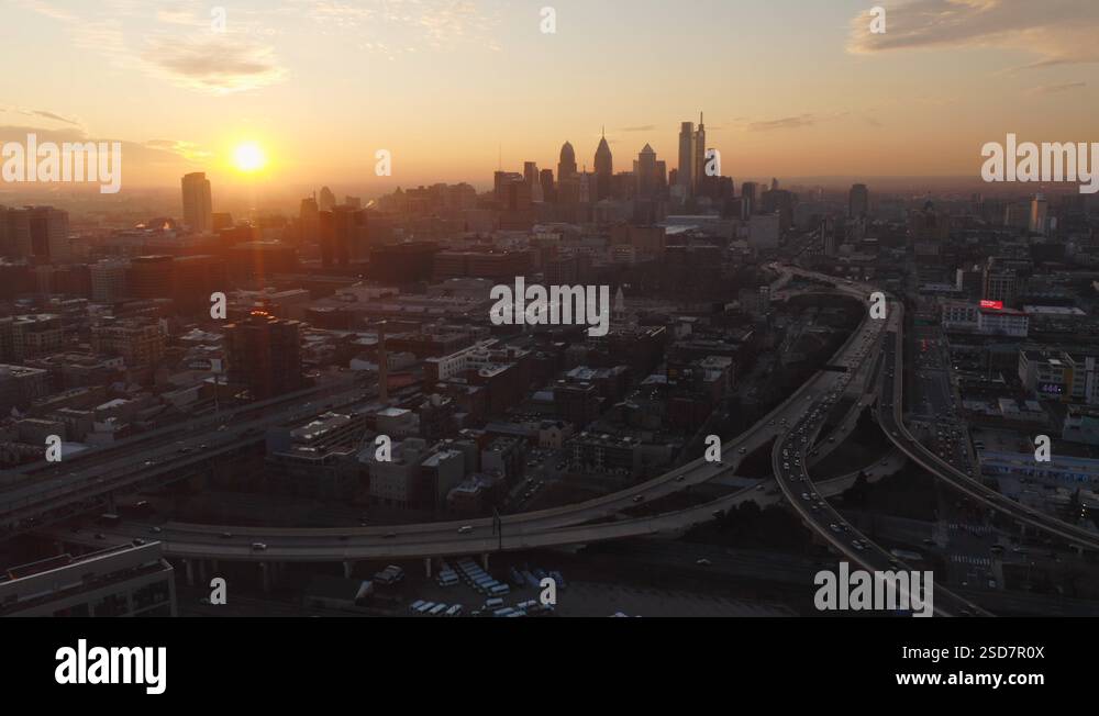 Aerial view moving forward showing the Philadelphia skyline and ...