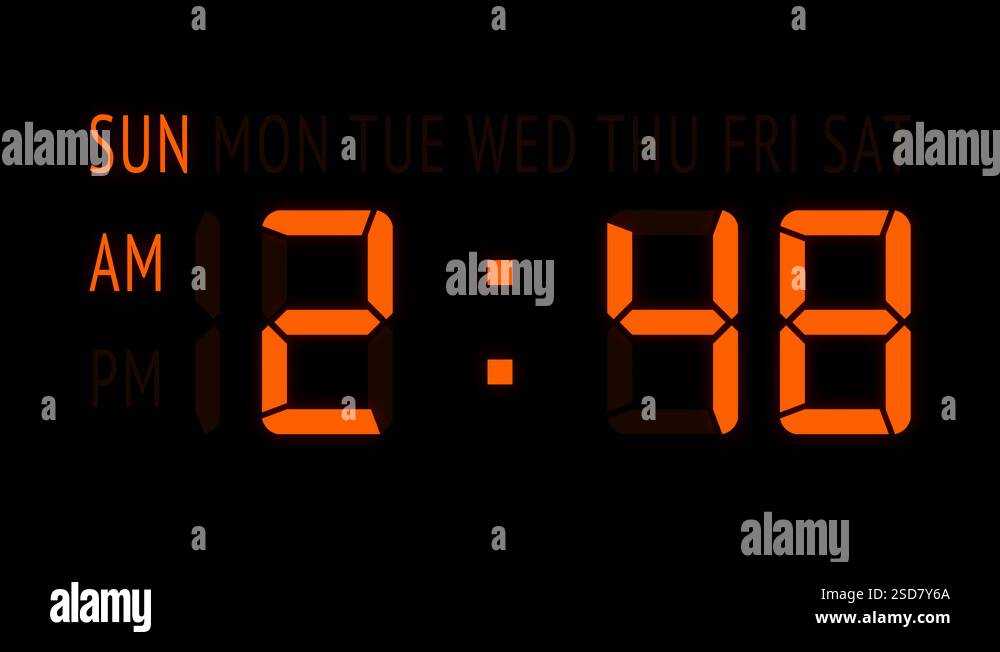 Loopable: LED Digital Clock Displays Week Days and Current Time in 12-Hours Stock Video Footage ...