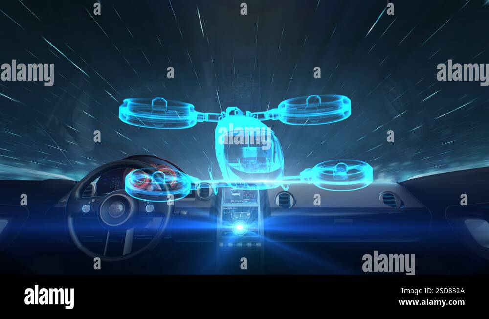 Autonomous flying drone taxi in car dashboard, futuristic user ...