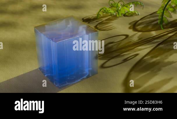 A blue cube shaped ocean sits on a sandy surface. The water is clear ...