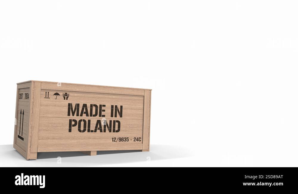 Large wooden crate with MADE IN POLAND text isolated on light ...
