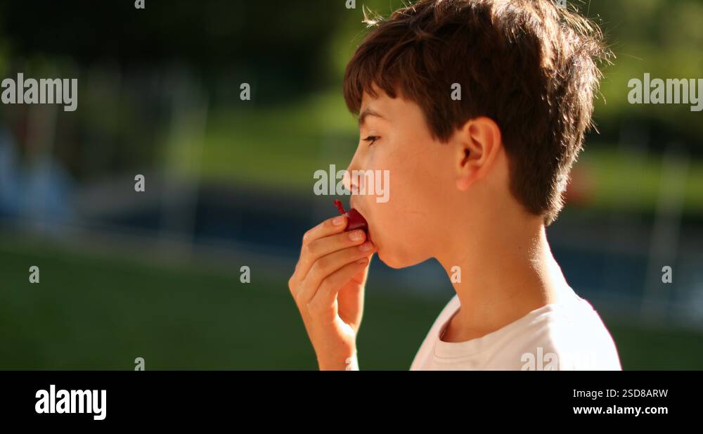Child eating fruit outdoors. Young boy eats healthy snack outside in ...