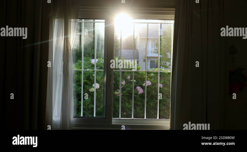 Lens-flare sunflare shining through home window during sunset golden ...