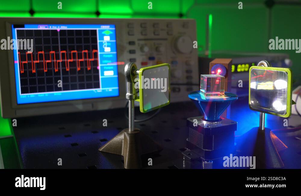 laser in a quantum optics lab. Semiconductor laser on optical table in ...