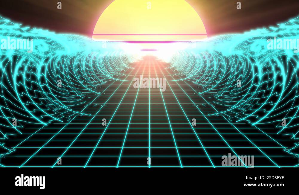 Synthwave Retro Wireframe Net Grid Ocean Tidal Waves and 80s Sun Stock ...