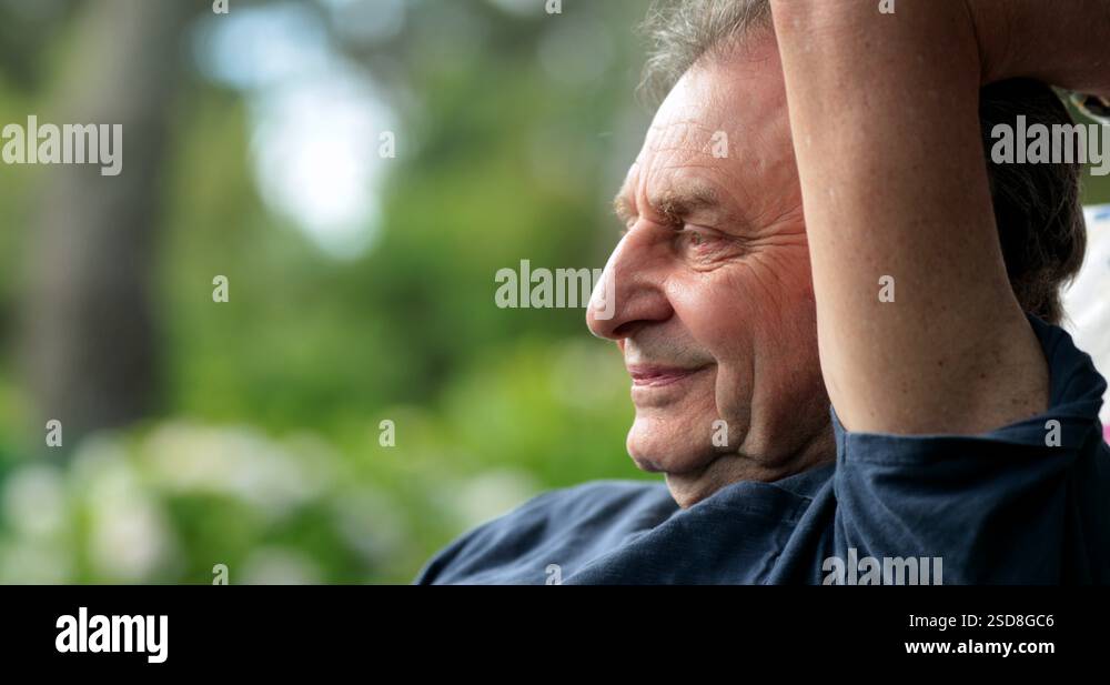 Happy retired older man in contemplative. Pensive senior person outside ...