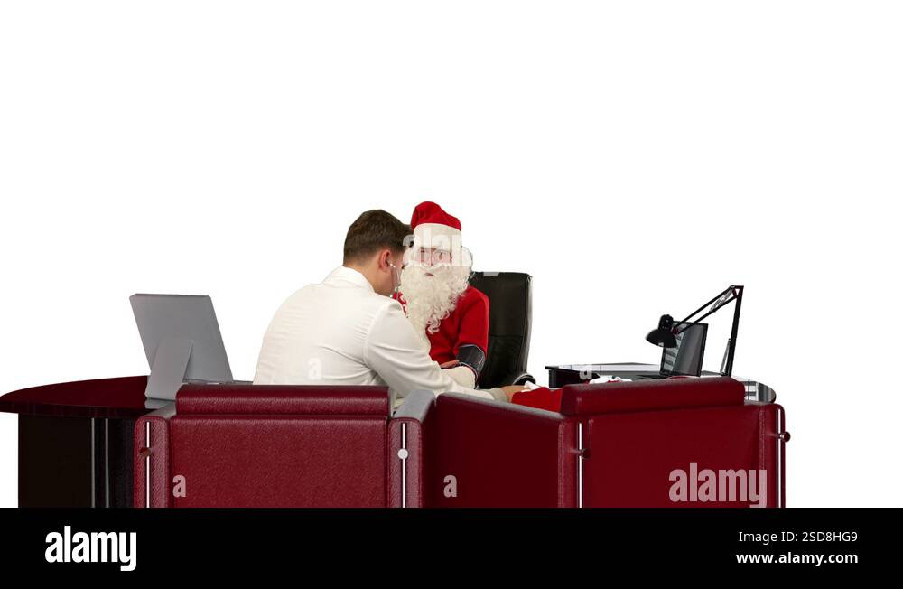 Santa Claus is strong and healthy, Doctor measuring blood pressure ...
