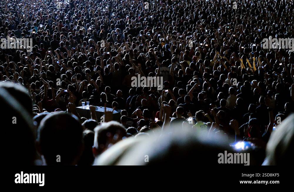 Crowd of people standing in fan zone during rock or pop music concert ...