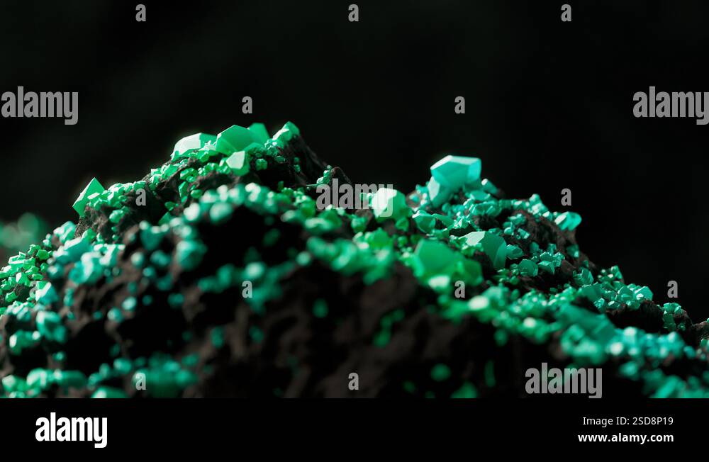 Green uranium ore gems in a mine. Glowing green radioactive ore in ...