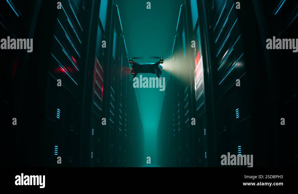 Loopable animation with working drone scanning servers in a dark hall Render 4K Stock Video ...