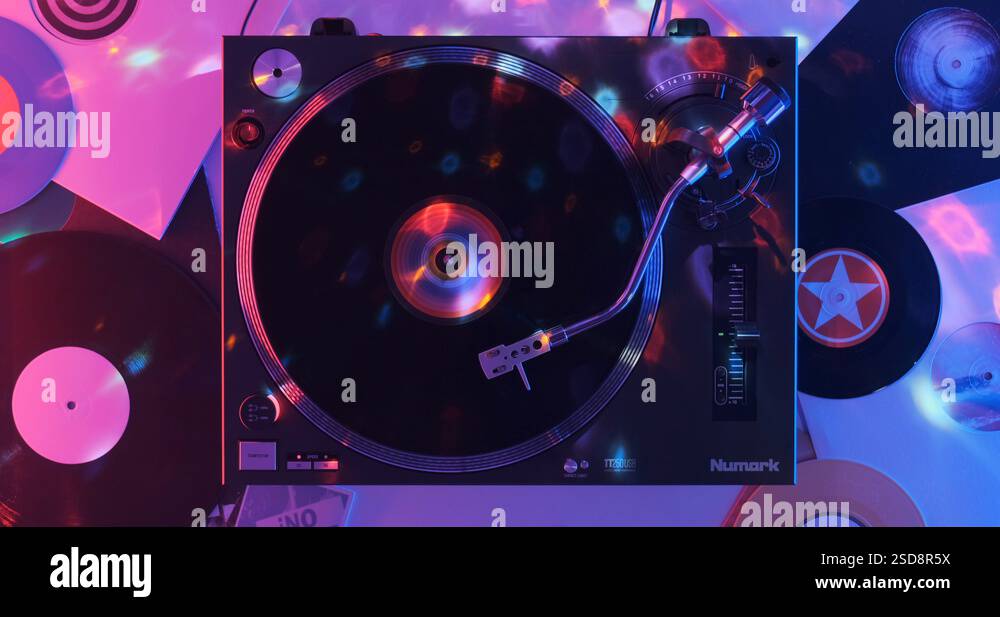 DJ player turntable black vinyl color spectrum label center red blue ...