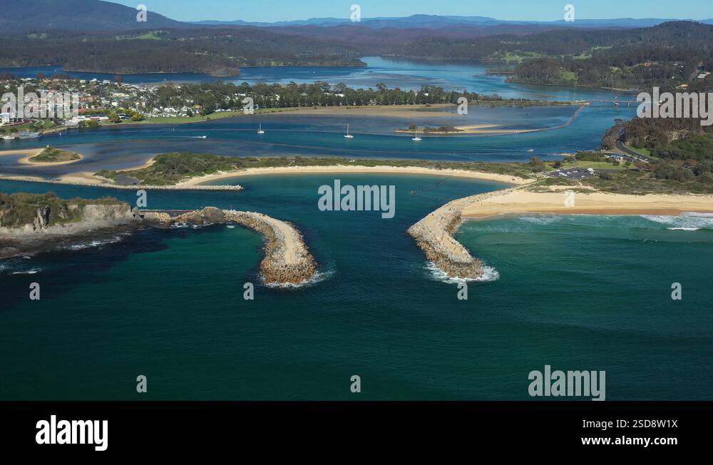Aerial view of Wagonga Head and Inlet at Narooma, NSW South Coast ...