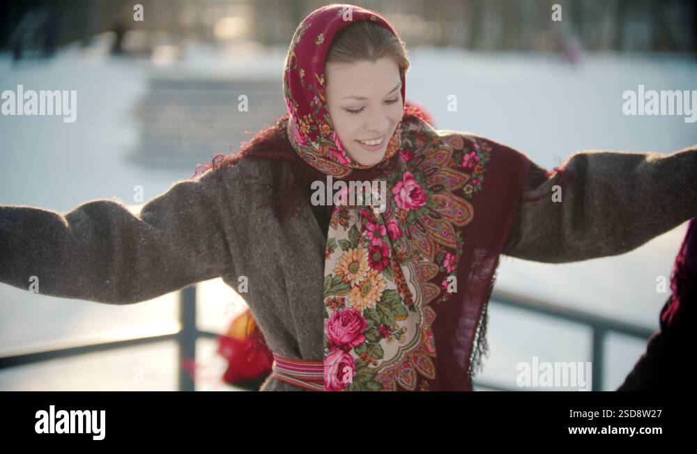 Russian folklore - a woman in a bright shawl is dancing Russian folk ...