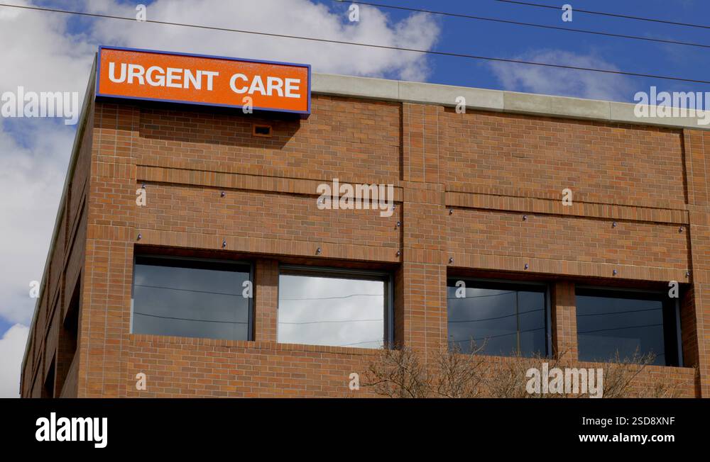 URGENT CARE CLINIC ESTABLISHING SHOT. IN 4K 10 BIT LOG. LOCK-OFF. NO ...