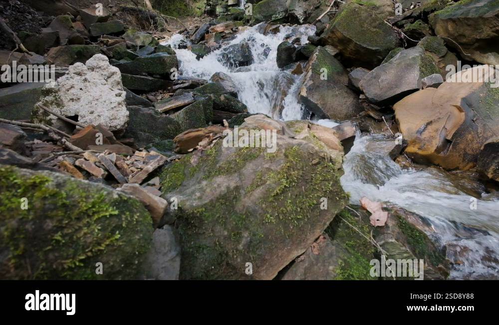 Rapid water at springtime flowing down stream, filmed with a dolly shot ...