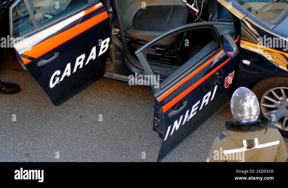 Top view of parked police car with open doors at the street, police ...