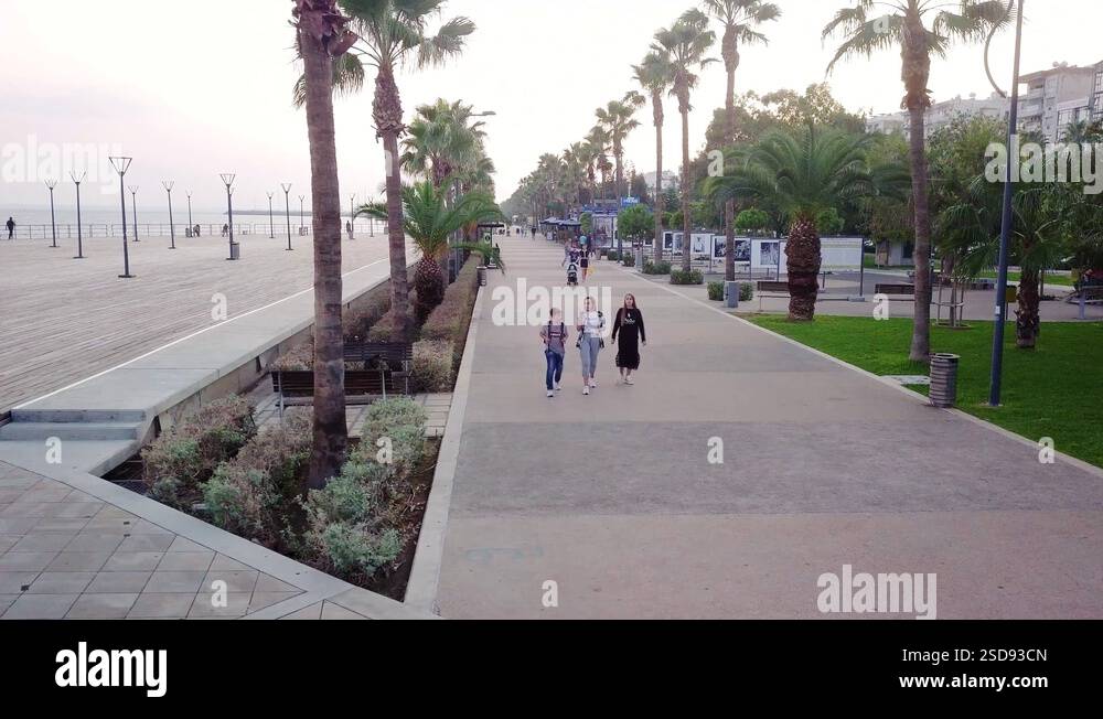 The promenade in Limassol, Nov, evening, video from the drone, 4K Stock ...