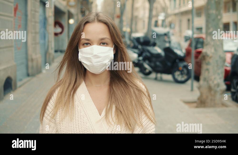 Virus mask spanish woman on street wearing face protection in ...