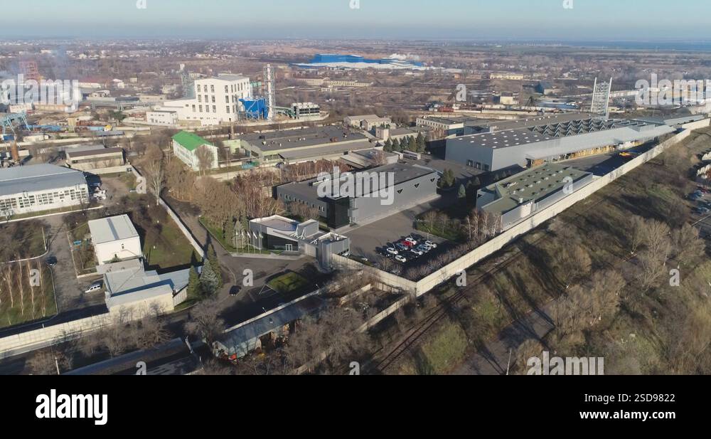 Modern factory top view, industrial exterior, large beautiful factory ...