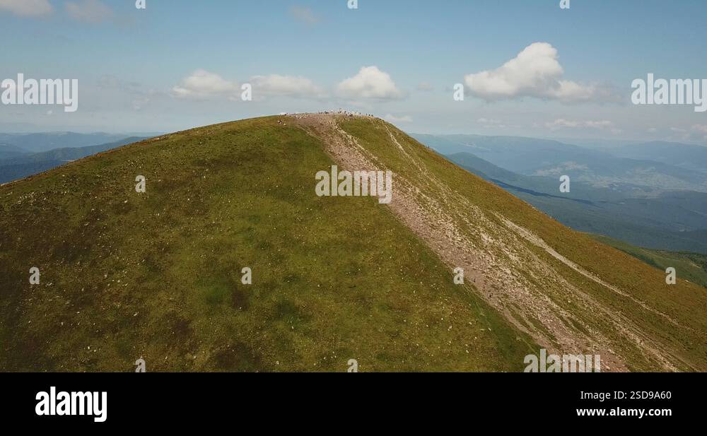 People on the top of Hoverla mountain, mountain peak at summer, aerial ...