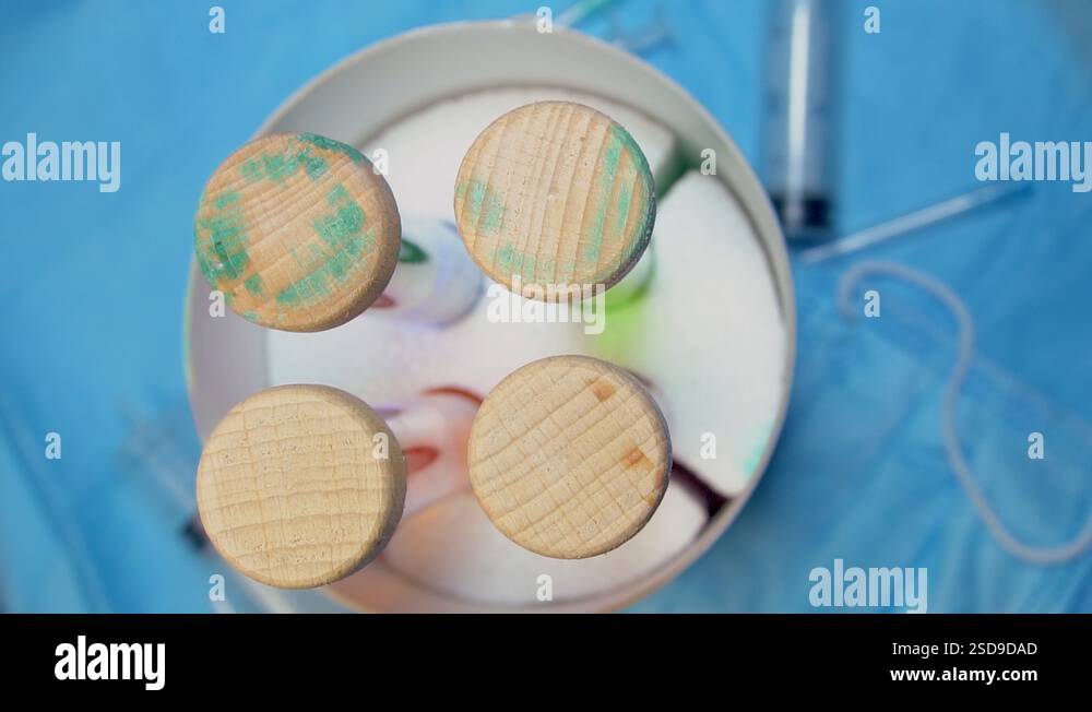 Glass test tubes with color liquid inside in laboratory. Top view close ...