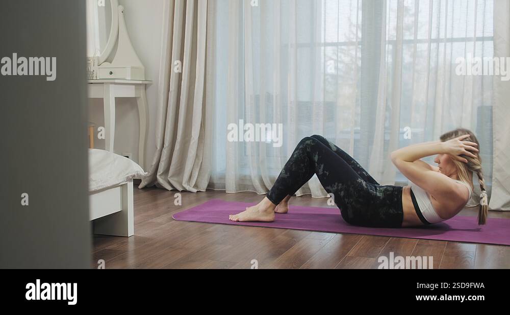Young woman doing sports in home, Female fitness training in sportswear ...
