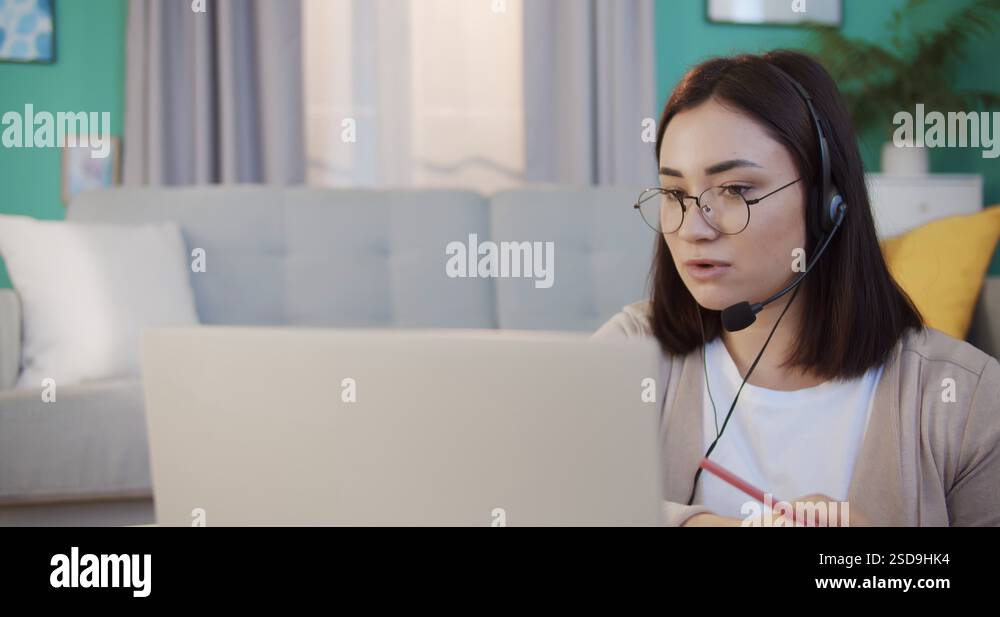 Profeshional female sales representative in headset speaking with ...