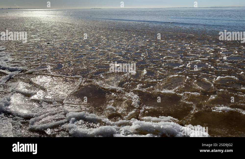 Pieces of ice float on waves, Ice plaques, sandy coast, stones, spring ...