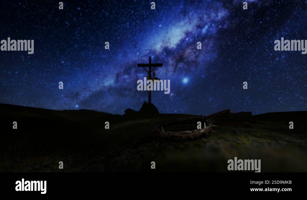 Crucifixion of Jesus Christ with thorn crown, nails, hammer and a rope ...