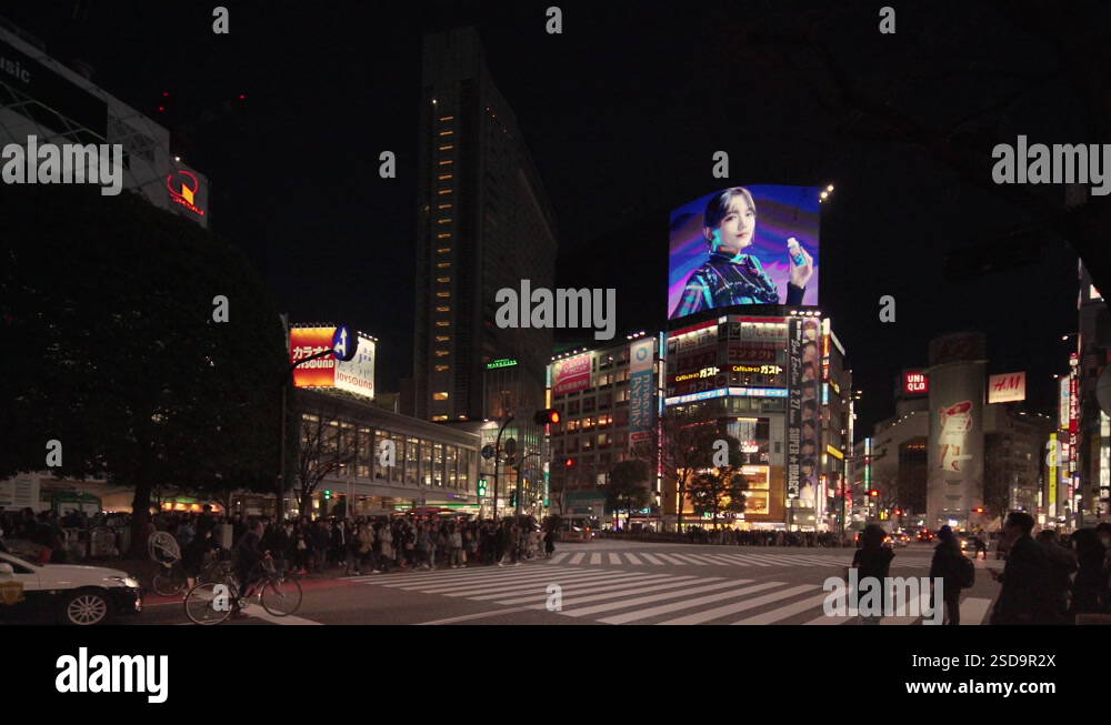 Pan video of crowd waiting and crossing at the Shibuya Intersection at ...