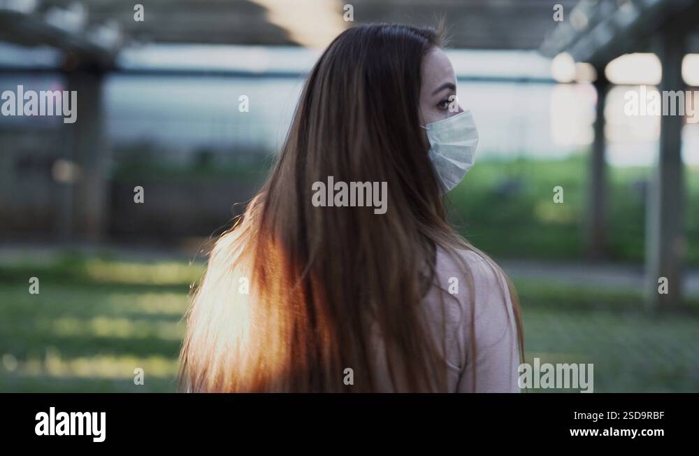 Girl in protective mask and rubber gloves depicts horror and fear Stock ...