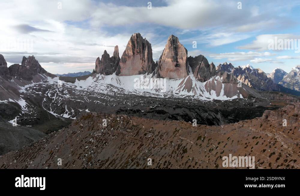 Aerial Flying Near Tre Cime Di Lavaredo Mountain In Dolomites Italy At ...