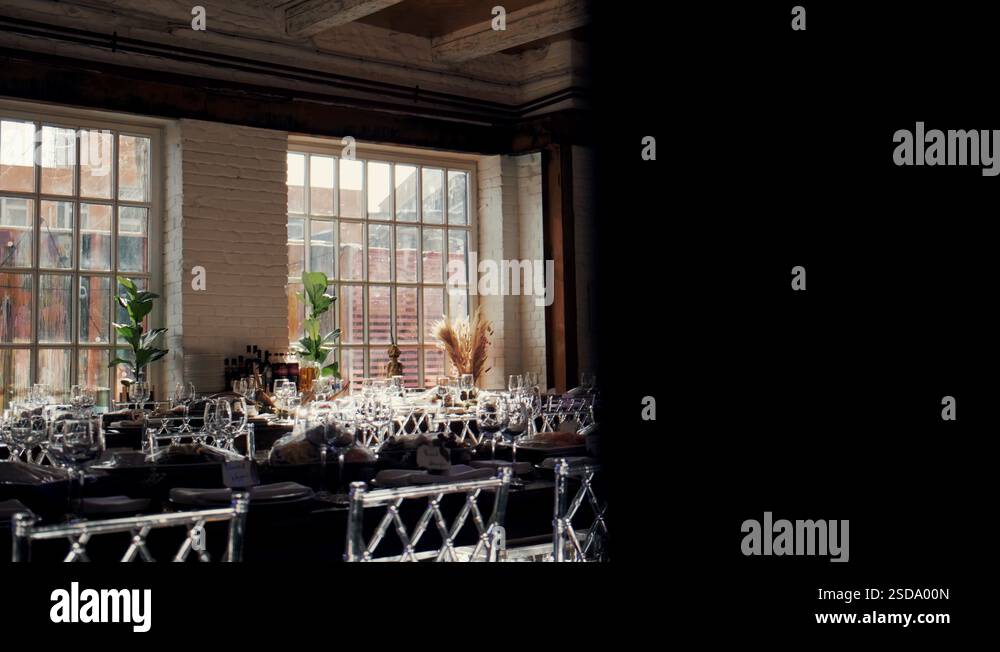 Many transparent chairs stand in two rows near tables Stock Video ...