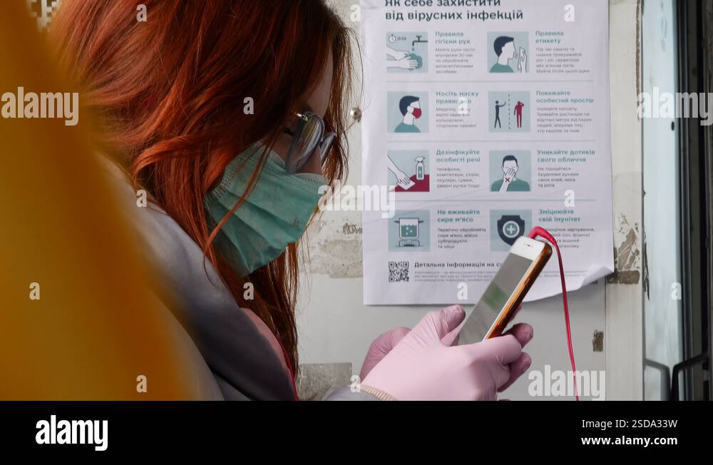 Lady in medical mask and gloves rides in trolley bus. Safety leaflet ...