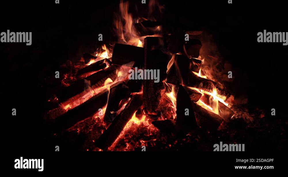 Russia, Valday, 05 October 2019: The big fire with firewood at night ...
