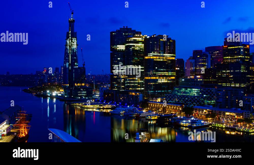 A sunrise timelapse of bay area at Darling harbour in Sydney high angle ...