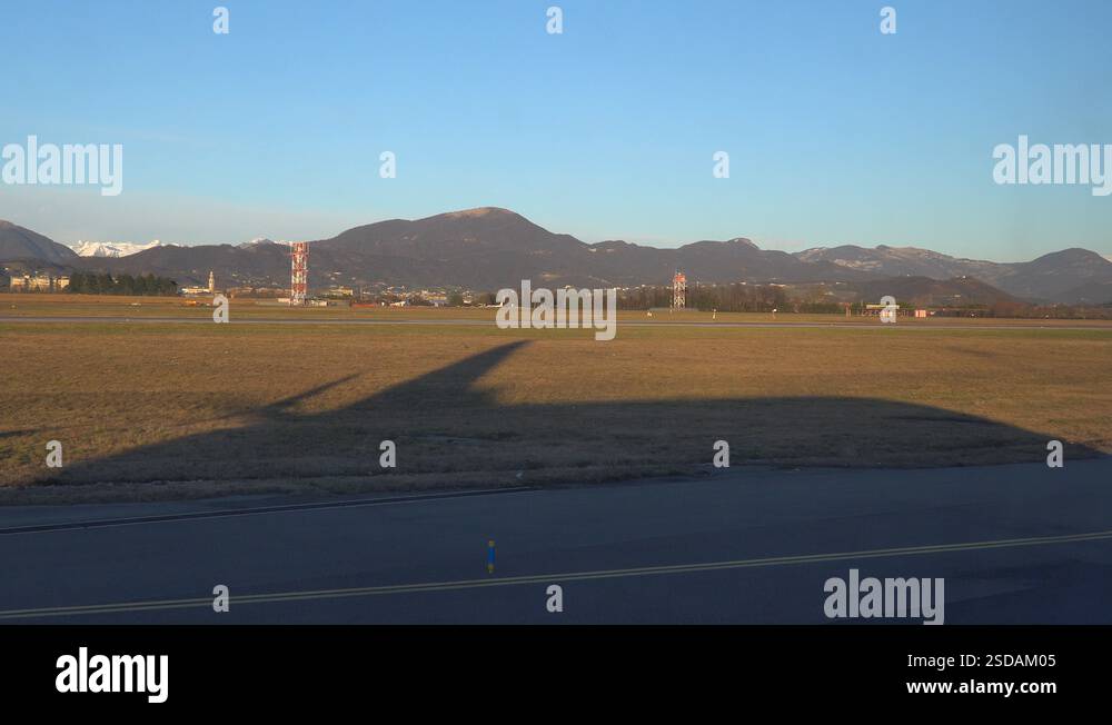 Bergamo, Milano, Italy. The plane is taxiing before takeoff. First ...