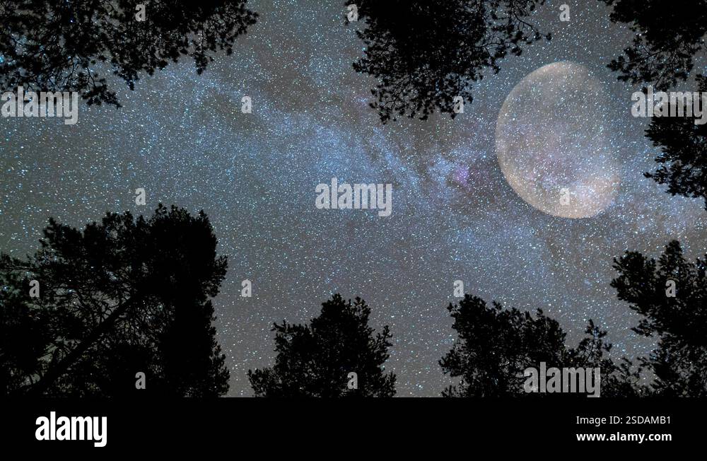 Timelapse of moving stars Milky Way galaxy and moon appearing in night ...