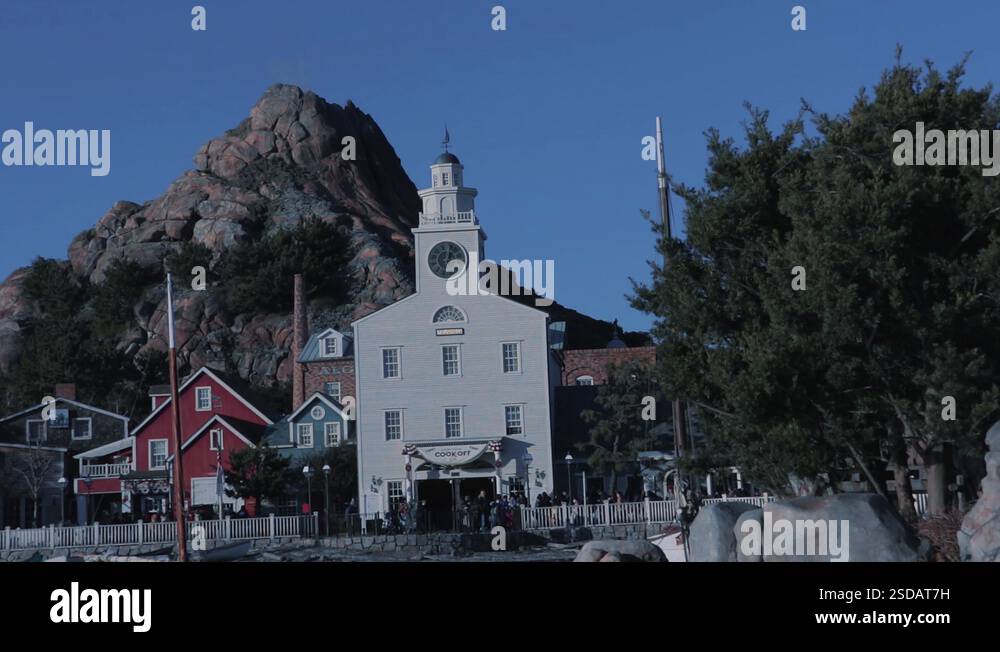 Zoomed in view of the town and volcano in Tokyo DisneySea from a tour ...