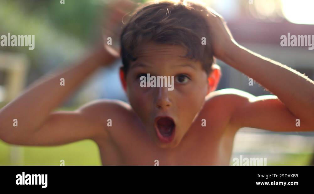 Child boy SHOCK reaction with despair. Emotional kid reacting with ...