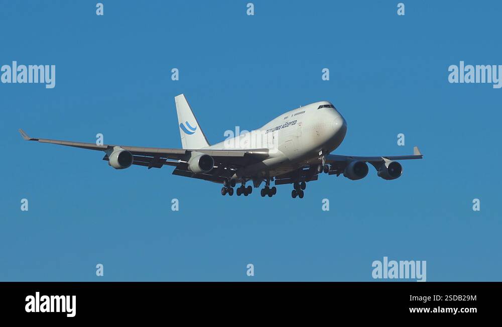 heavy cargo airplane boeing 747 belgium freighters slow motion front ...