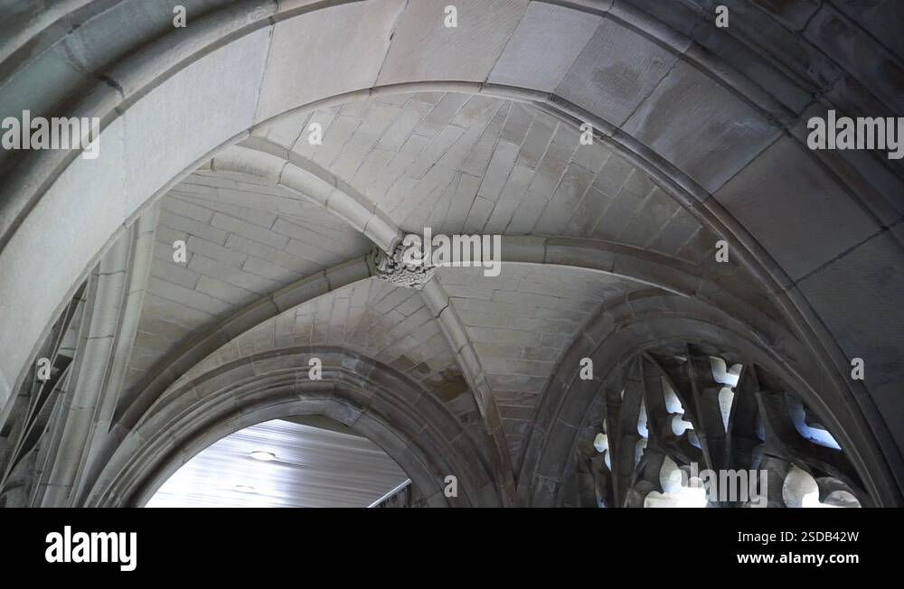 Pan across rib vaulted ceiling and gothic window tracery Stock Video ...
