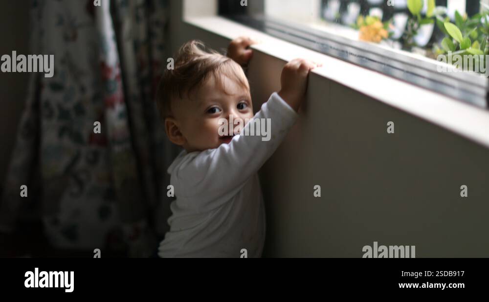 Baby next to home window looking outside. Infant boy leaning window ...