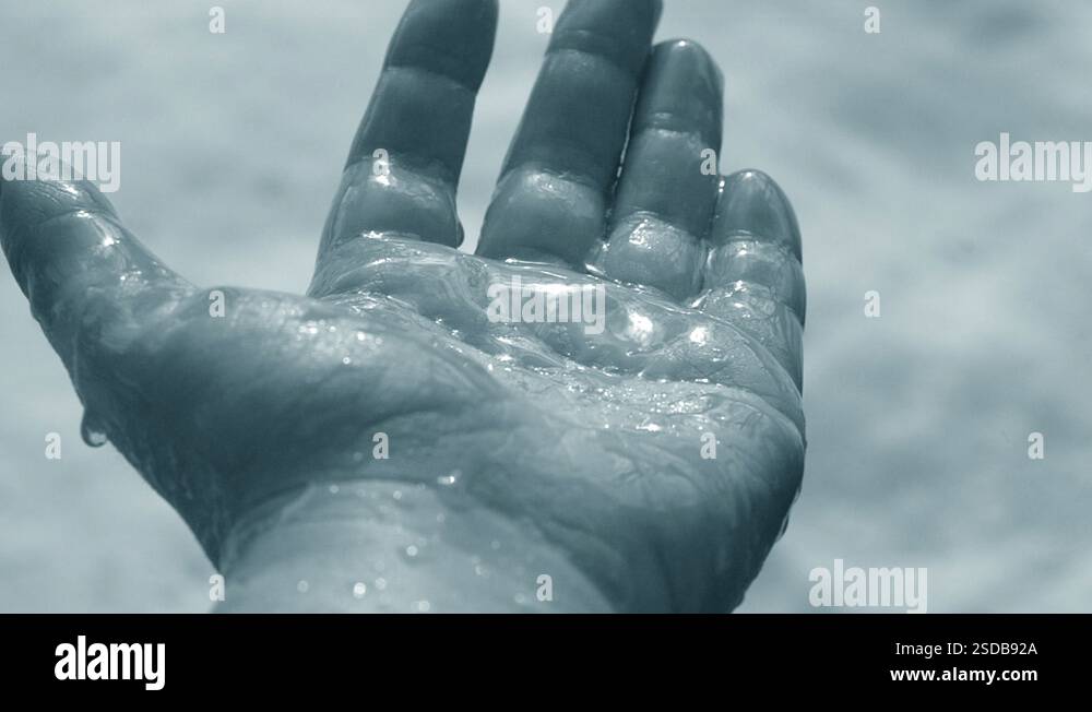 Drops of melting snow fall on the palm with glare of the sun Stock ...